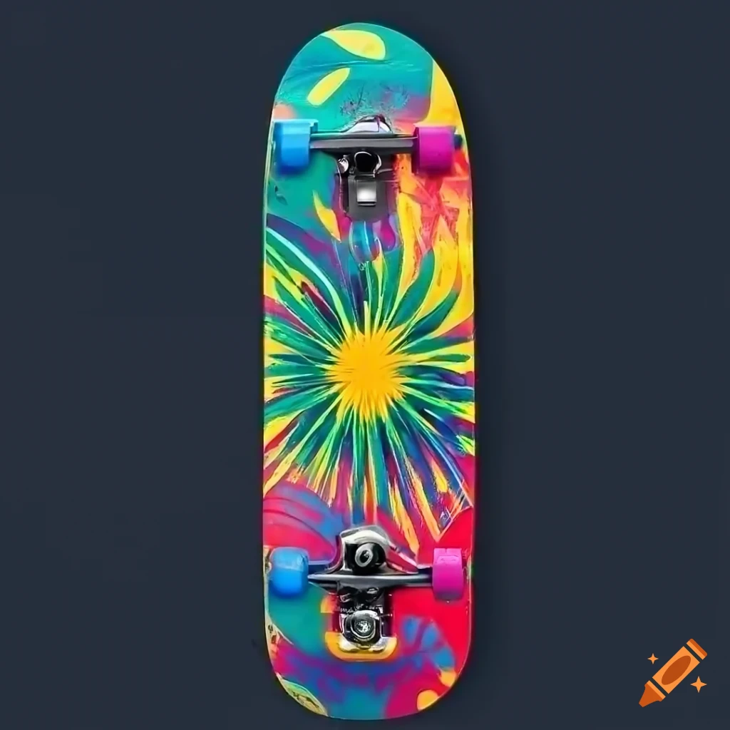 ((A skateboard with vibrant fireworks design on a dark background ...