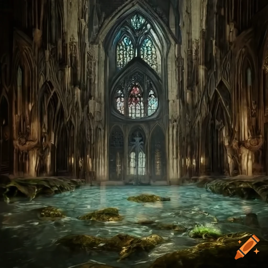 A mystic cathedral filled with crystals, pond, lava stone overgrown ...