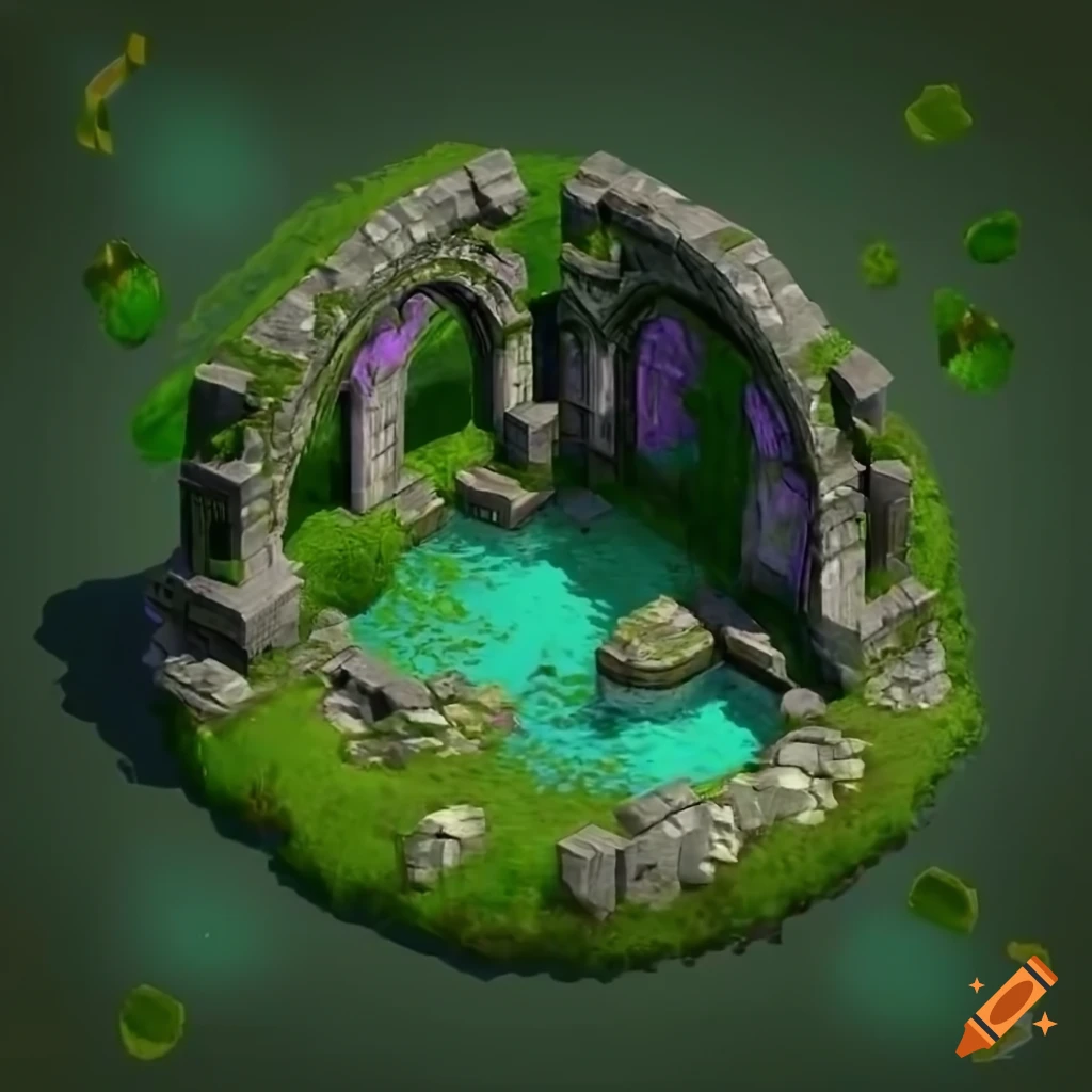 A moss-covered stone ruins in a fantasy RPG game forest fantasy grass ...