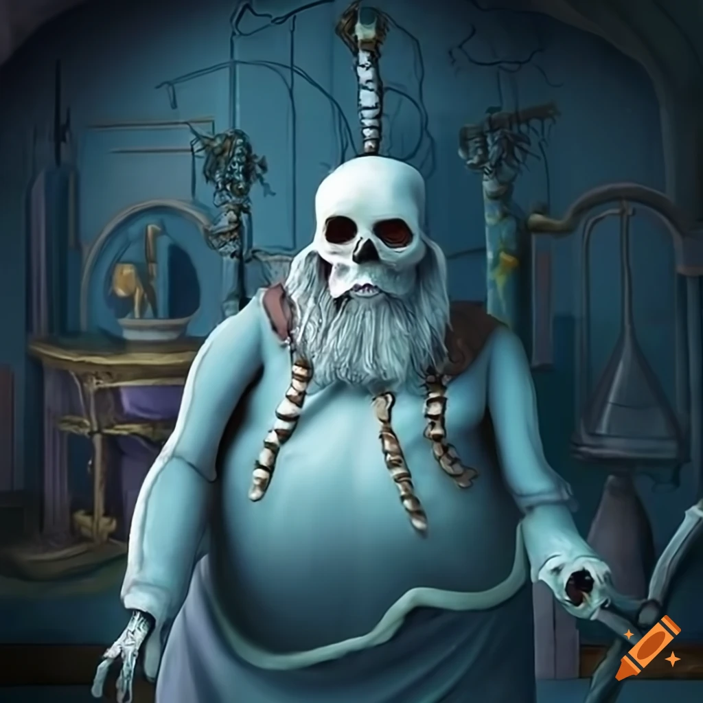 Fat skeleton wizard with a long beard walking through his arcane ...