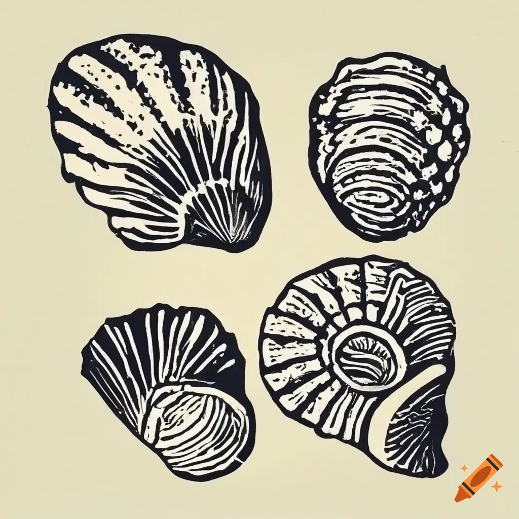 A linocut print of sea shells on Craiyon