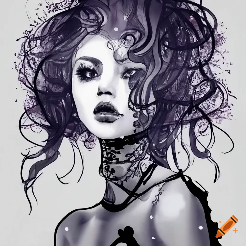 Sketch of a fashionable monochrome magical girl casting a spell on Craiyon