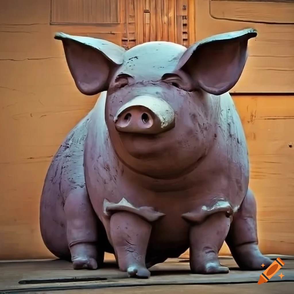 Giant iron sculpture resembling a domestic pig, weathered by time on ...