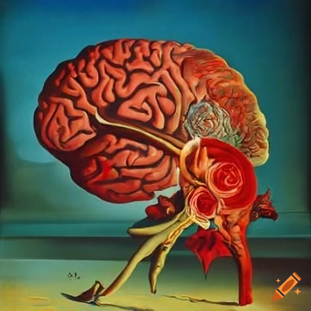 Brain with bones of fish among red roses and blood with elephants from ...