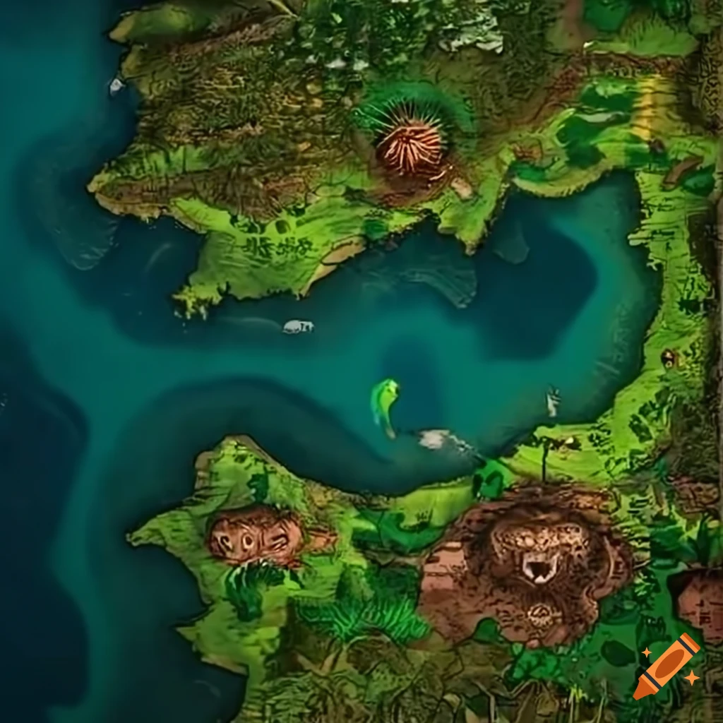 A detailed jungle map with marked hunting locations on Craiyon