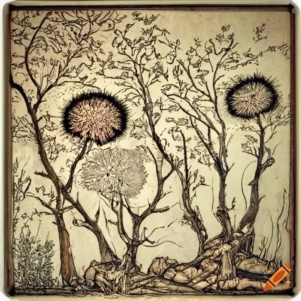 Dandelion trees. Field flowers. Totemic imagery on tree trunks and moss ...