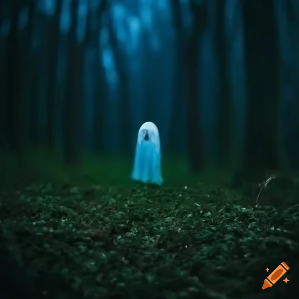 Bright moon with little cute eyeless ghost standing in the middle of ...