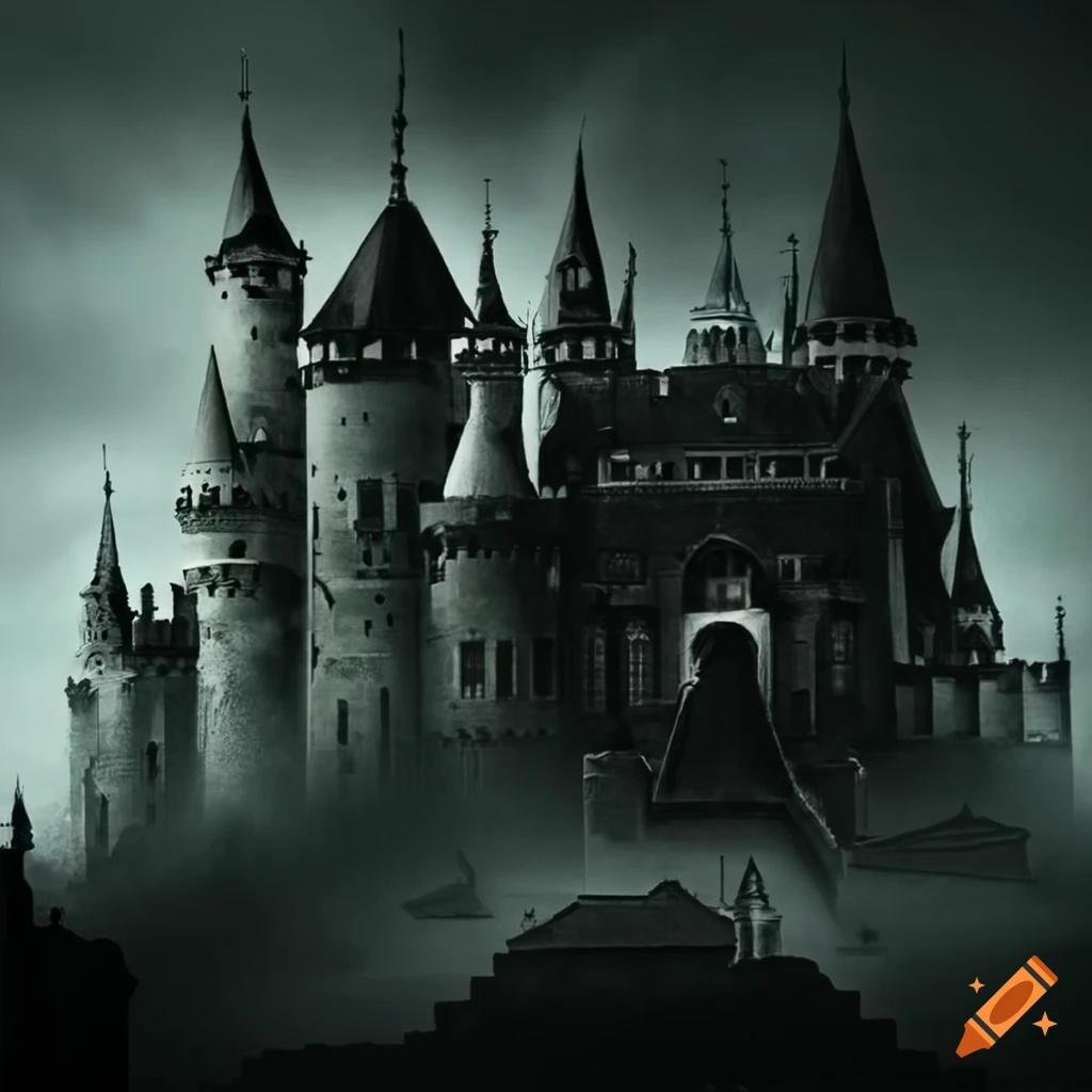 Black metal theme of a castle and cemetery