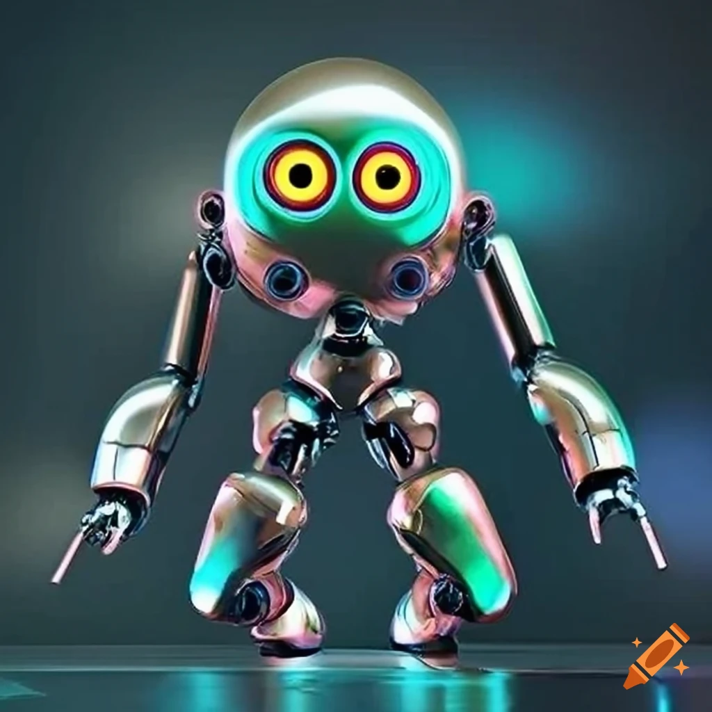 A mischievous yet lovable robot with a shiny metallic body that gleams ...