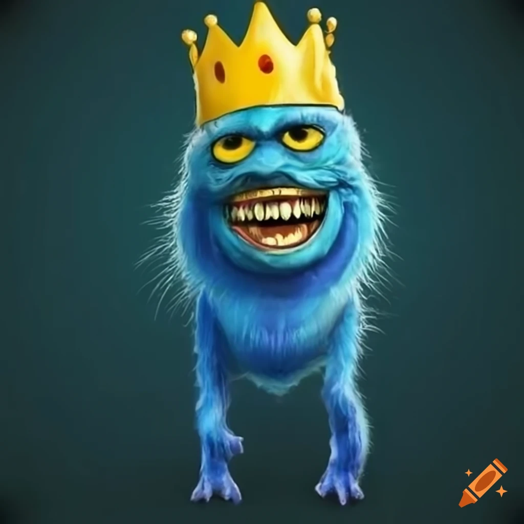 Big blue monster with yellow crown on head,right eye is sitched button