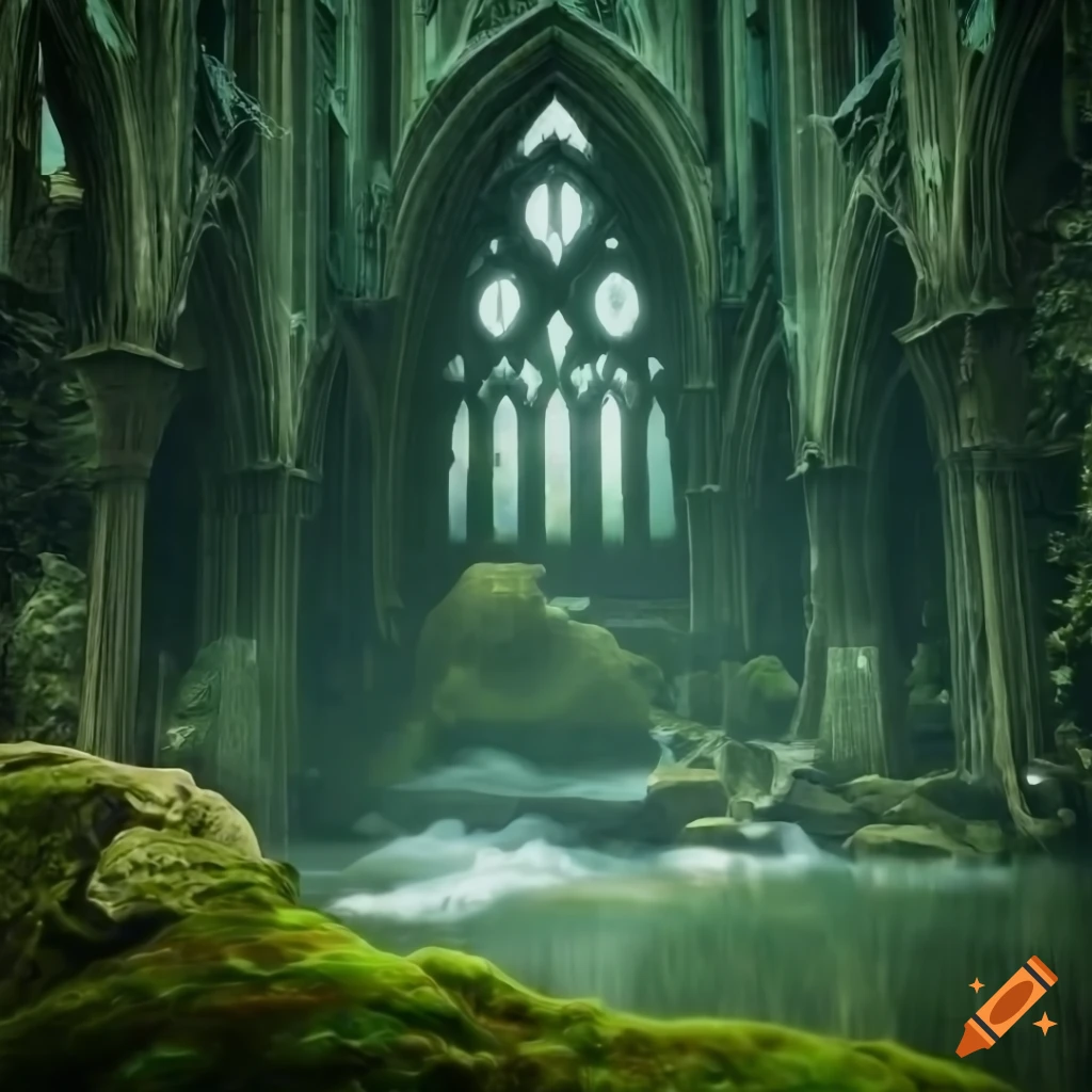 A mystic cathedral made of stone overgrown with moss with flowing water ...