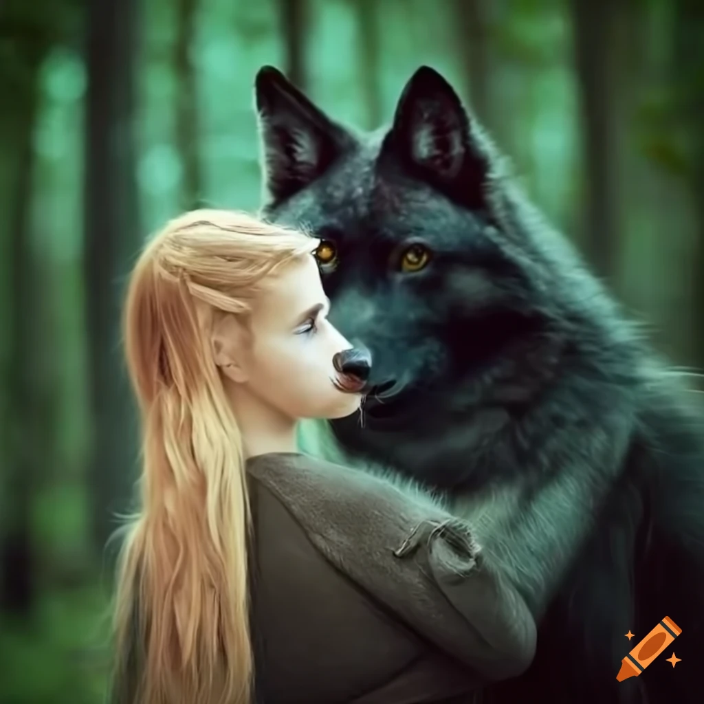 Blonde girl with braids in a forest with a black wolf on Craiyon