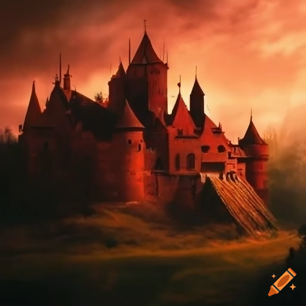 A red castle, on a low hill, facing a small lake