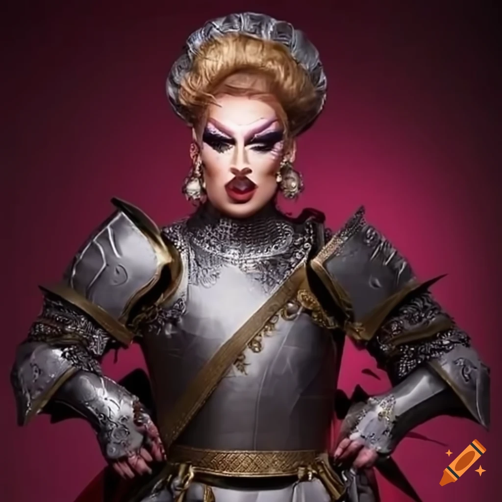 A fierce drag queen in elegant plate armor, confidently smiling on Craiyon