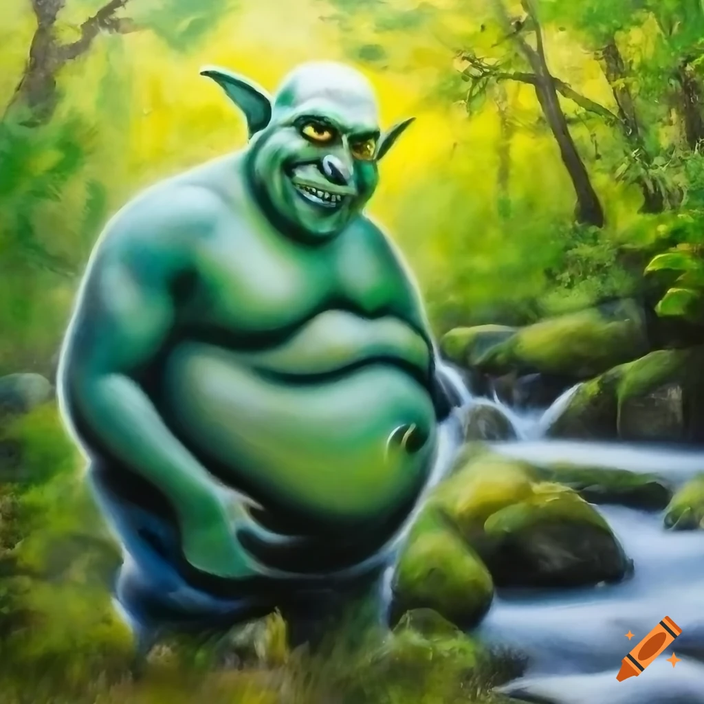 Bald fat goblin with a large belly and a round face joyfully playing in ...