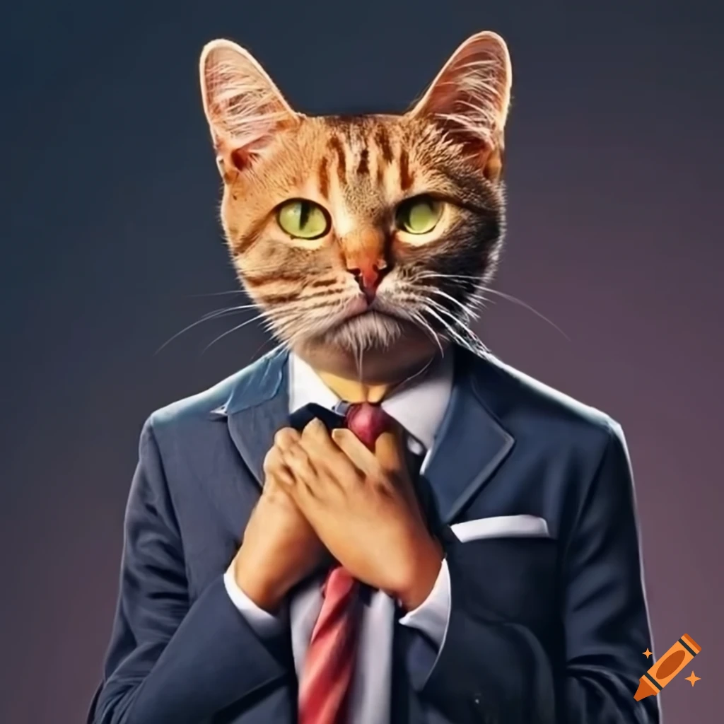 Cat head+man wearing a suit on Craiyon