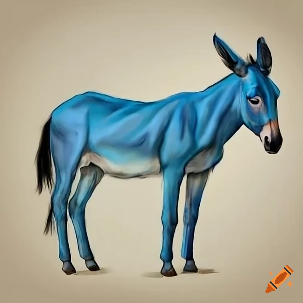 A vibrant blue mule standing in a green pasture