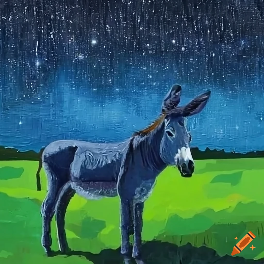 A blue mule in a green field under a starry night sky