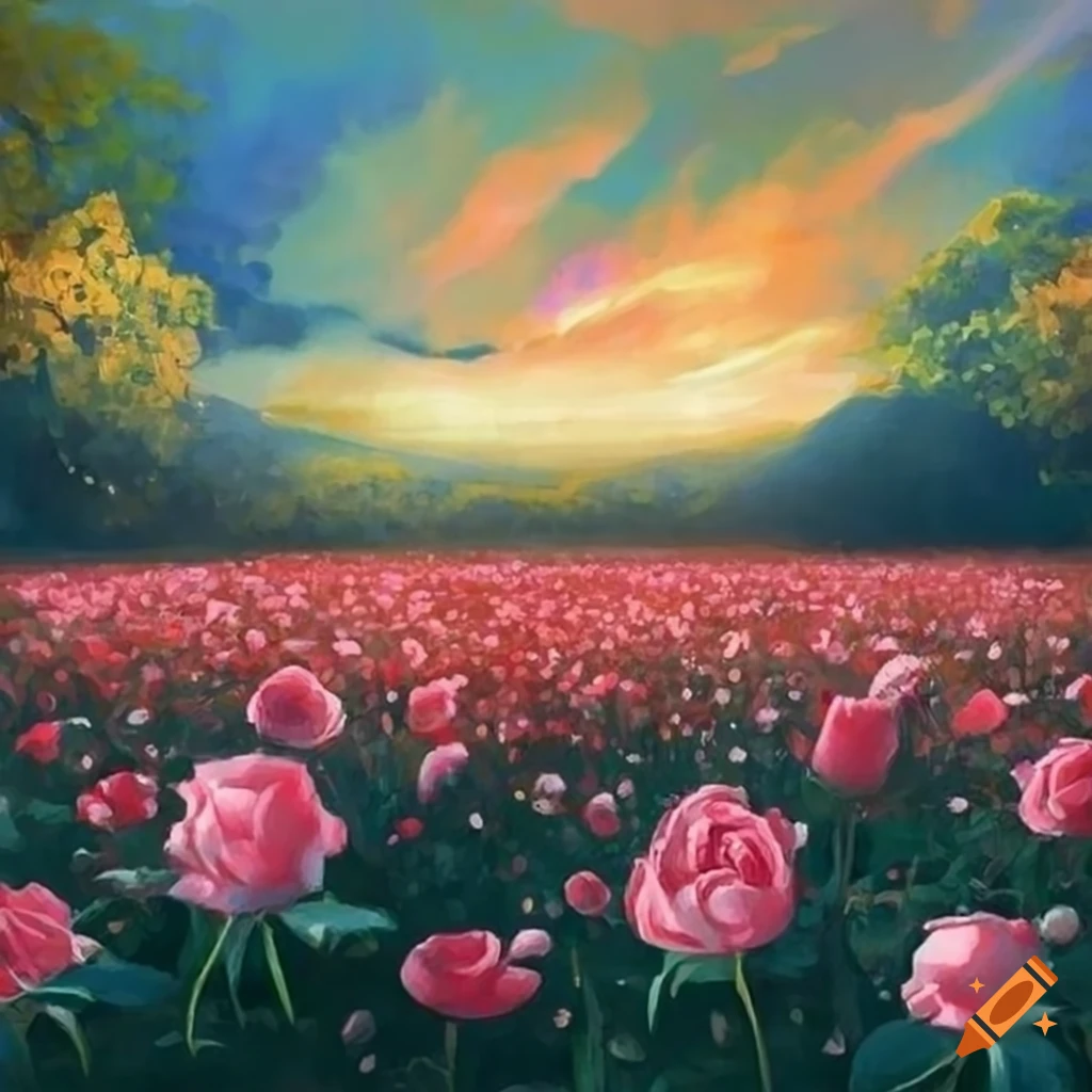 Detailed artwork of sunlit rose field, serene and beautiful on Craiyon