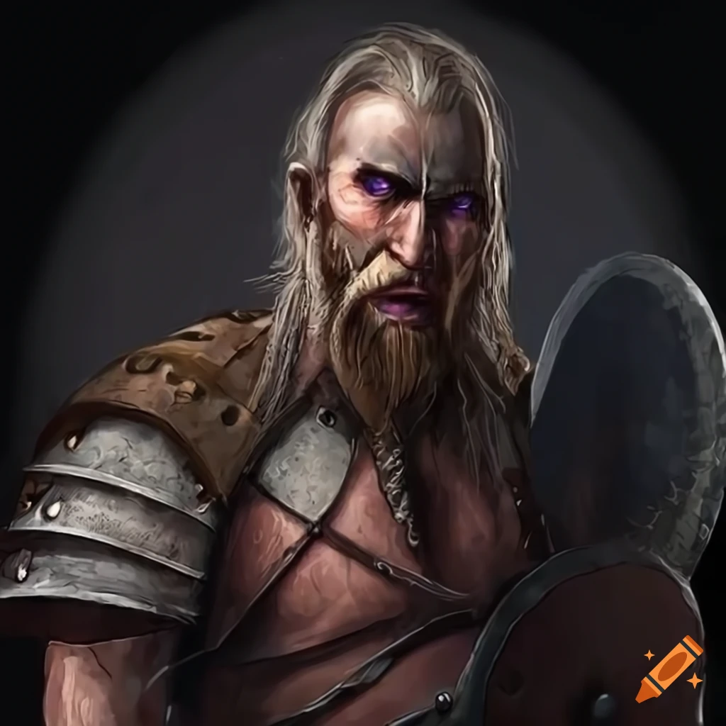 A male Viking witch. He has a homeless crazed look with black streaks ...
