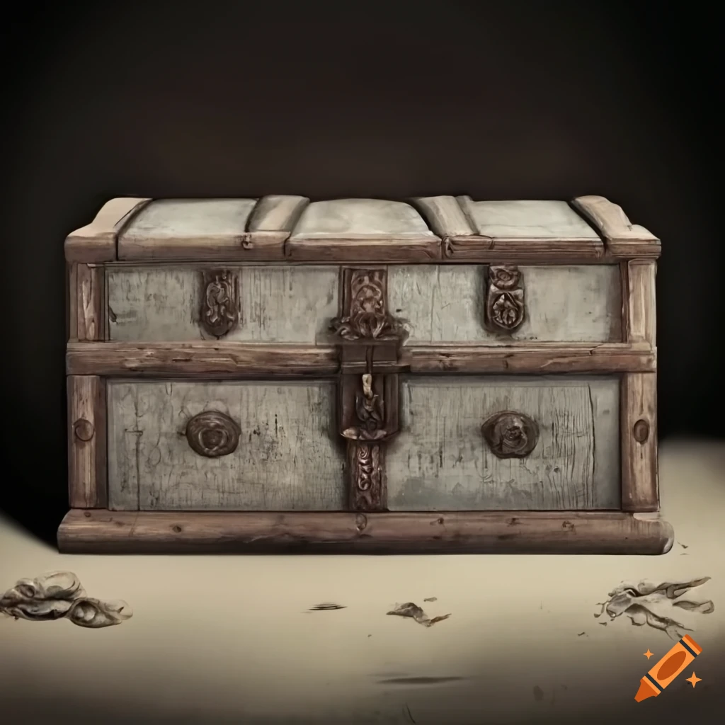 An old large antique chest of gray color on sand