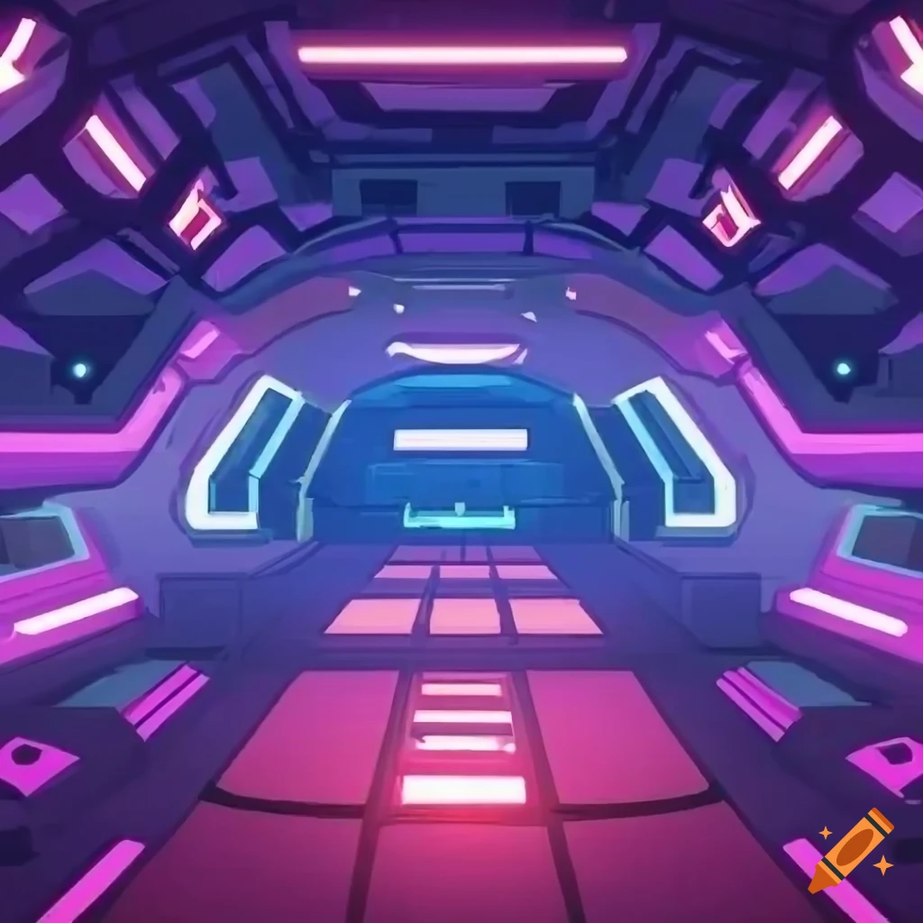 A large sci-fi interior room painterly pokemon battle background