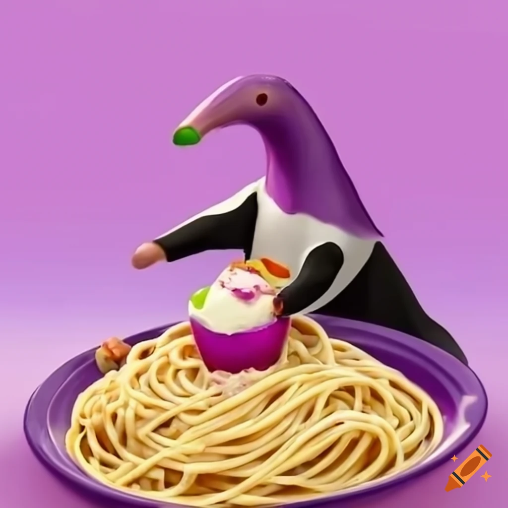 Purple anteater cooking spaghetti and eating ice cream on Craiyon