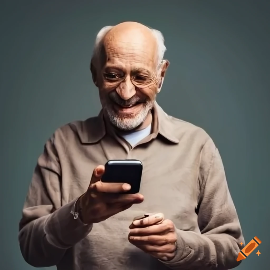 Photo of a smiling old man holding a mobile phone and reading and ...