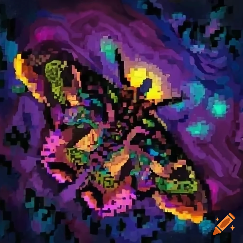 Pixelated moth in the starry night, magical nocturnal colours on Craiyon