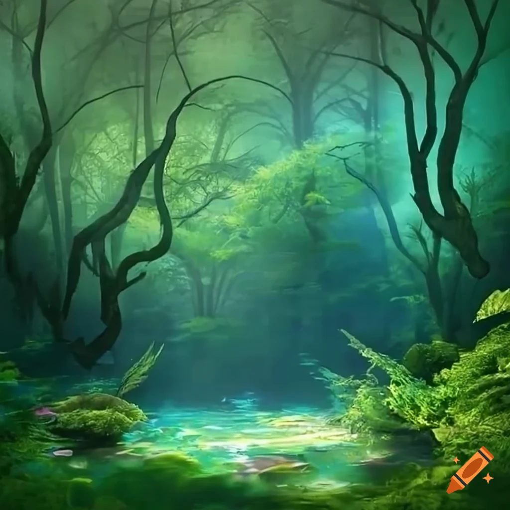 A forest pond with four feminine fantastic creatures