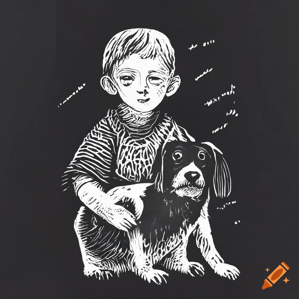 Black and white linocut print of a boy with a dog on Craiyon