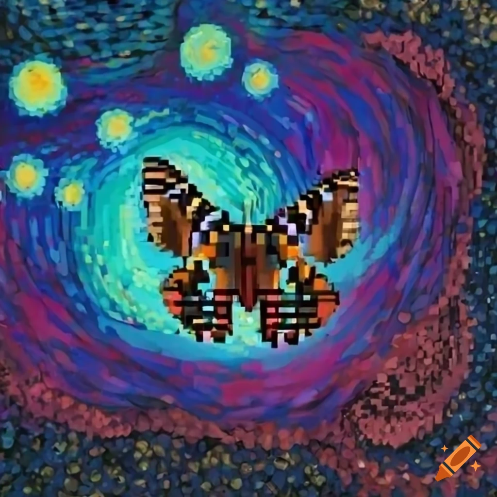 Pixelated moth fluttering in the starry night, mesmerising nocturnal ...