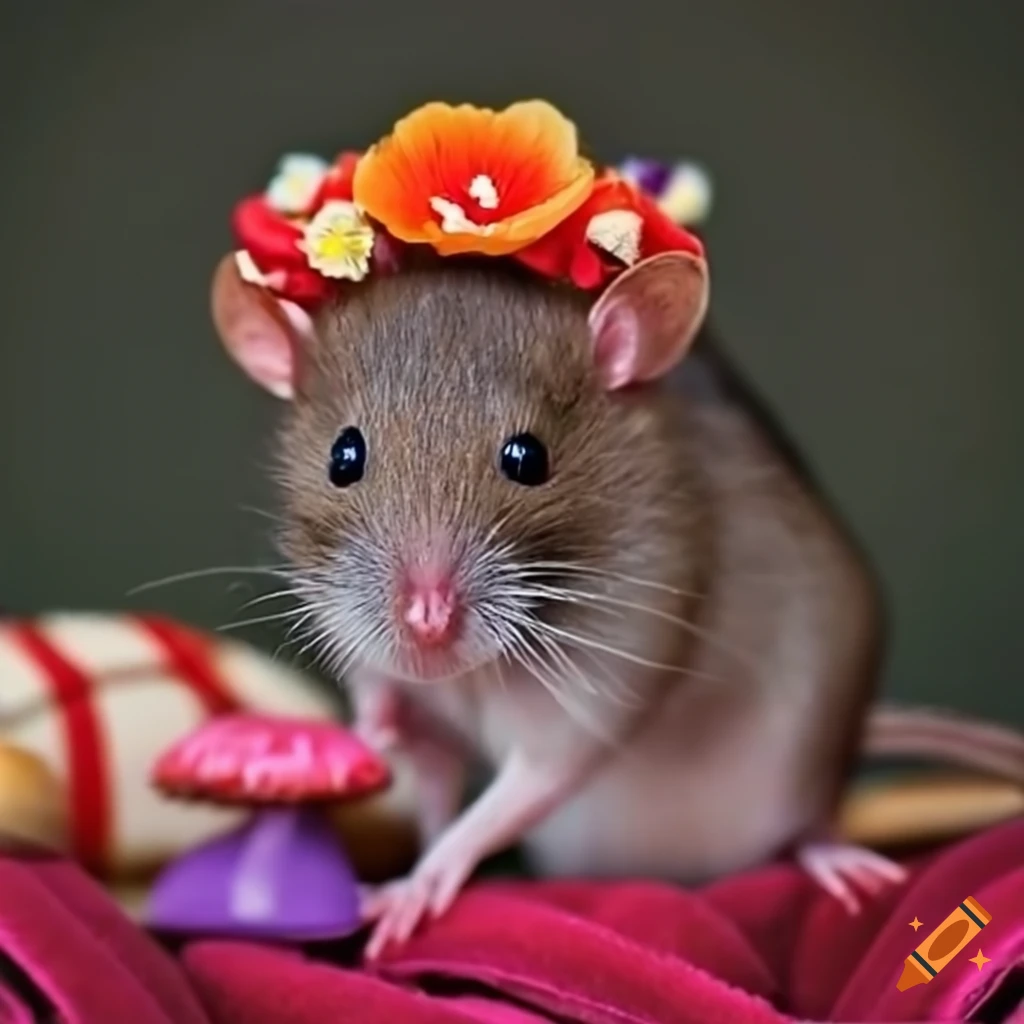 A picture of a little rat wearing a flower crown and having a picnic ...