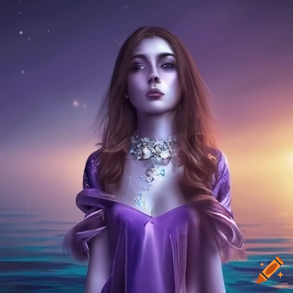 A beautiful ethereal woman with long brown hair and grey hazel almond ...