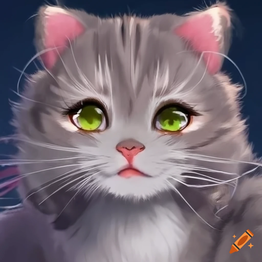 Cute fluffy gray tomcat with brown nose and green eyes