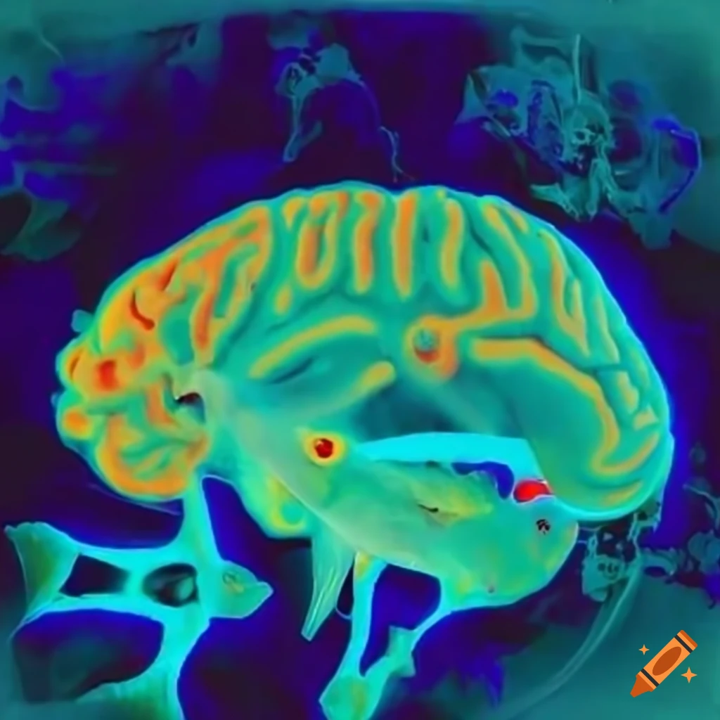 Brain with bones of fish in thermal imager colors among yellow roses on ...
