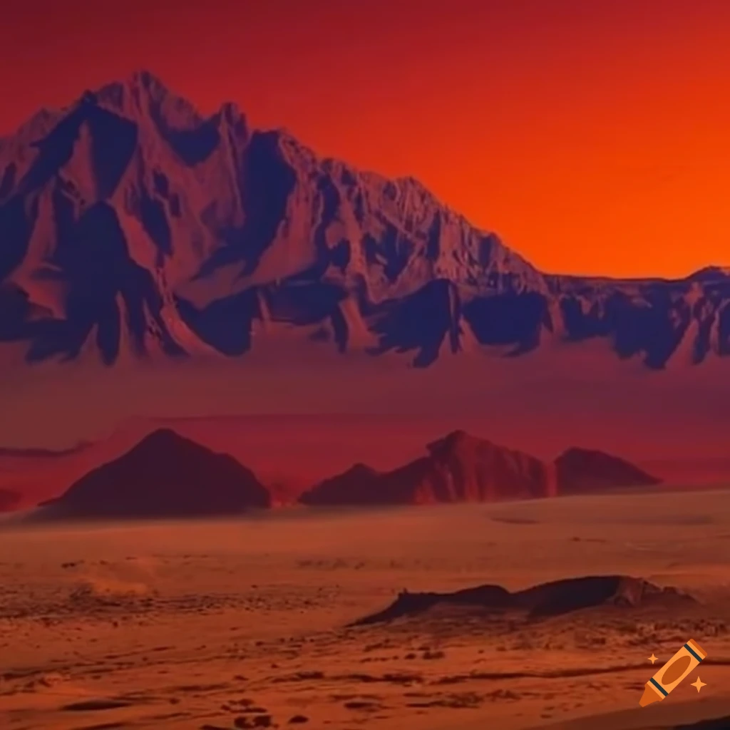 Red desert with red haze low mountains rocks spread around