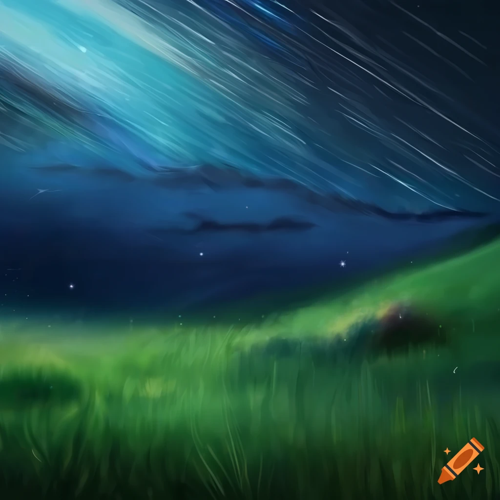 Stars night windy grassland realistic digital painting
