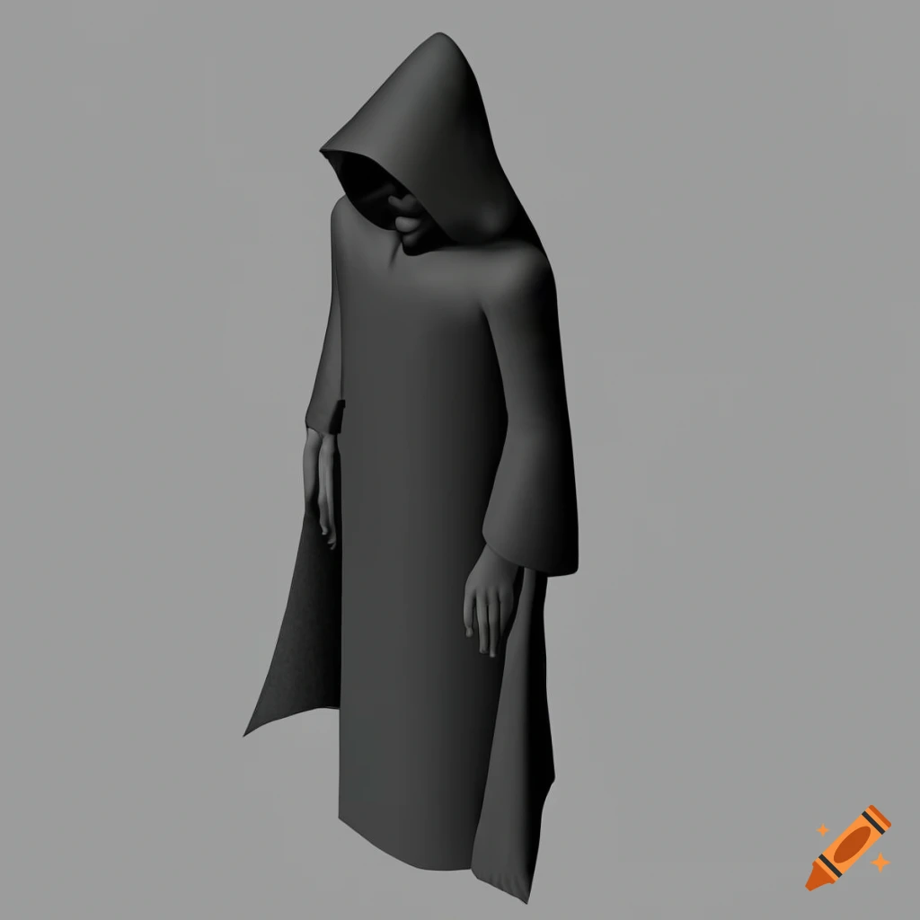 Hooded figure in a black gown isometric view detailed 3d model on Craiyon