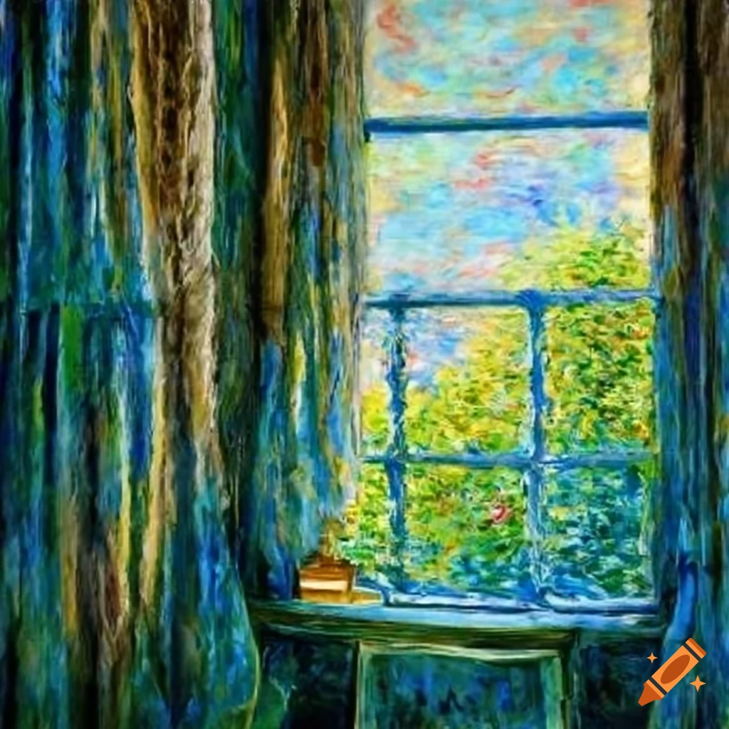 Curtains on the large window overlooking the garden in summer painted ...