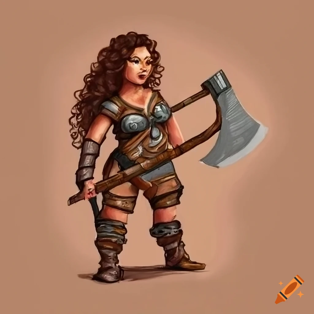 Pencil sketch of a short dwarf female warrior with dark brown curly ...