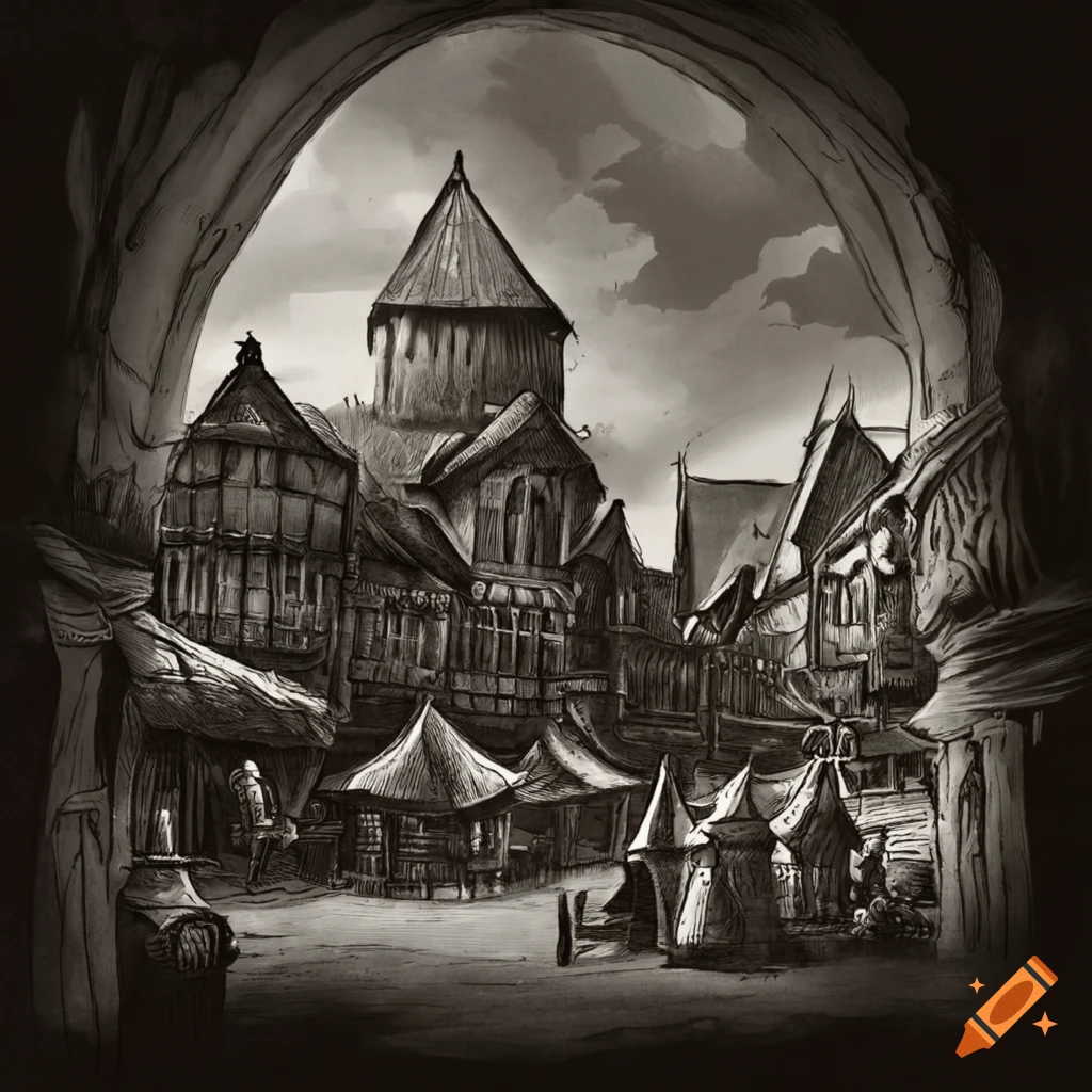 Medieval Marketplace Drawing