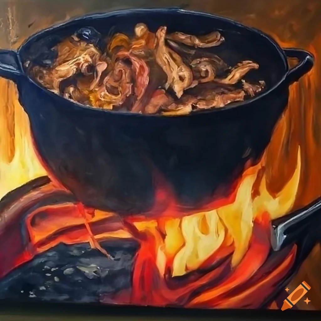 Fried beef and fried onion in the black pan on the fire. oil painting ...