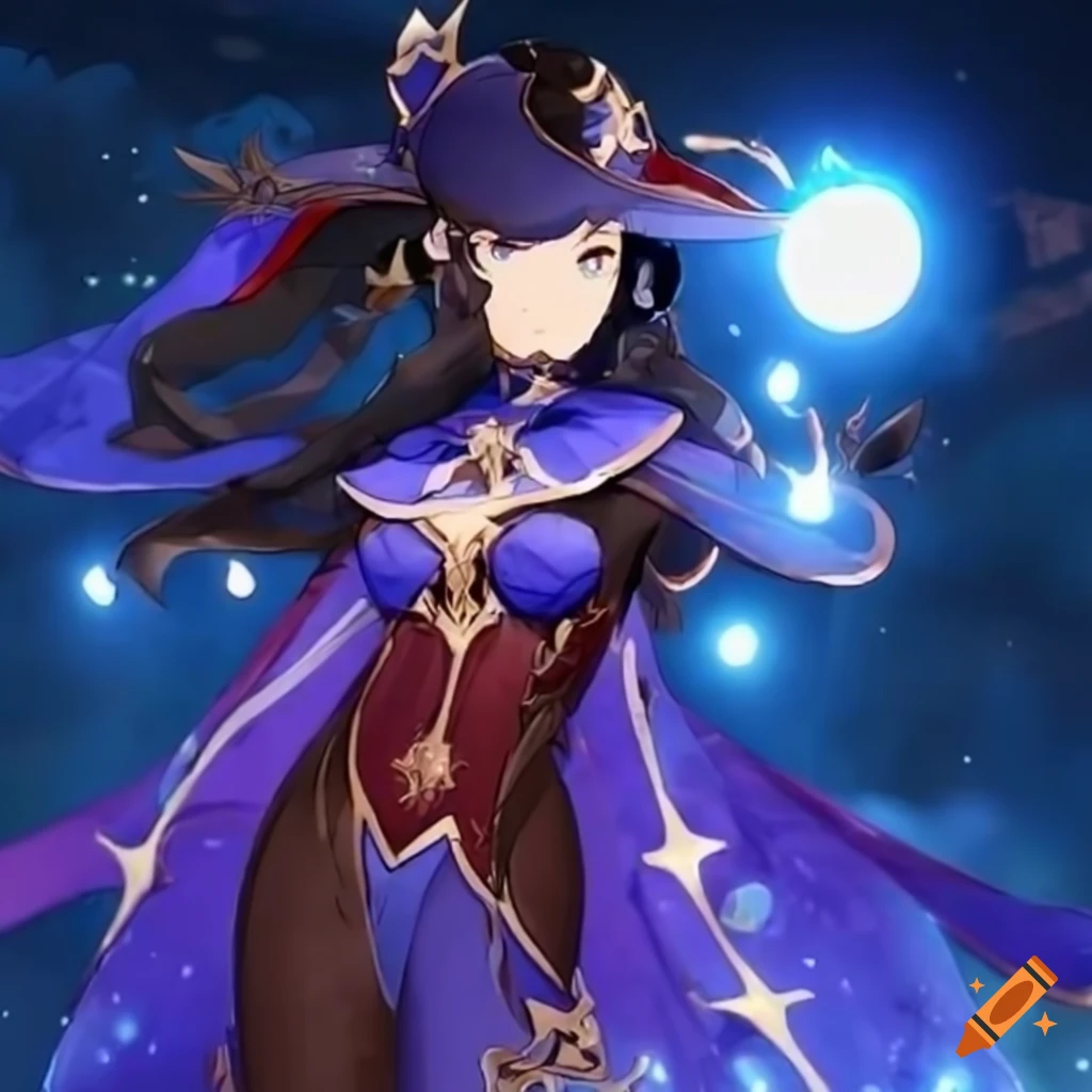 Mona from genshin impact casting her water magic spell on Craiyon