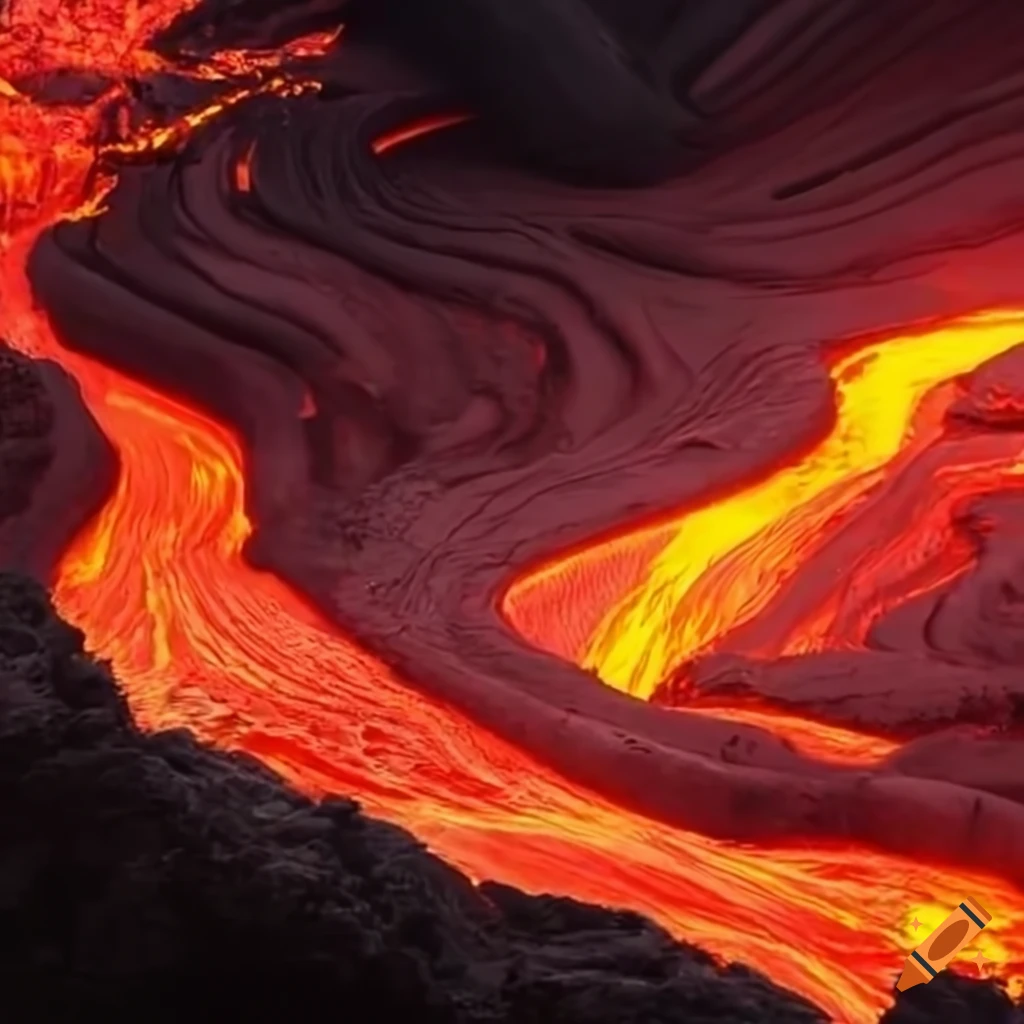 Lava rivers flowing from active volcanoes