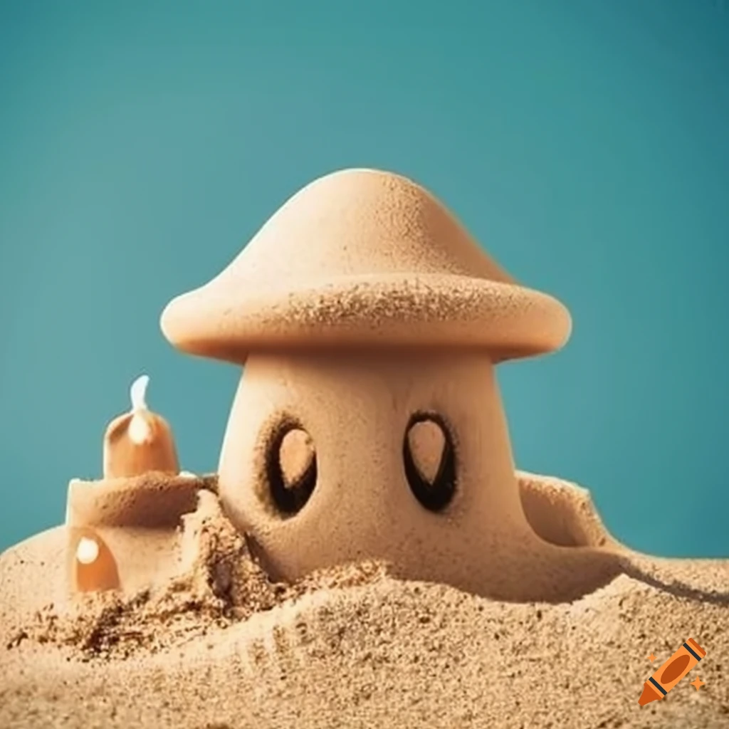 Beige sand castle in mushroom shape on sand beach on Craiyon