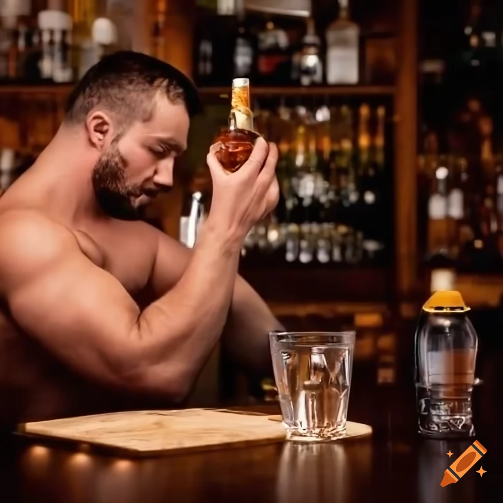 Buff guy drinking whiskey at a bar, side view on Craiyon