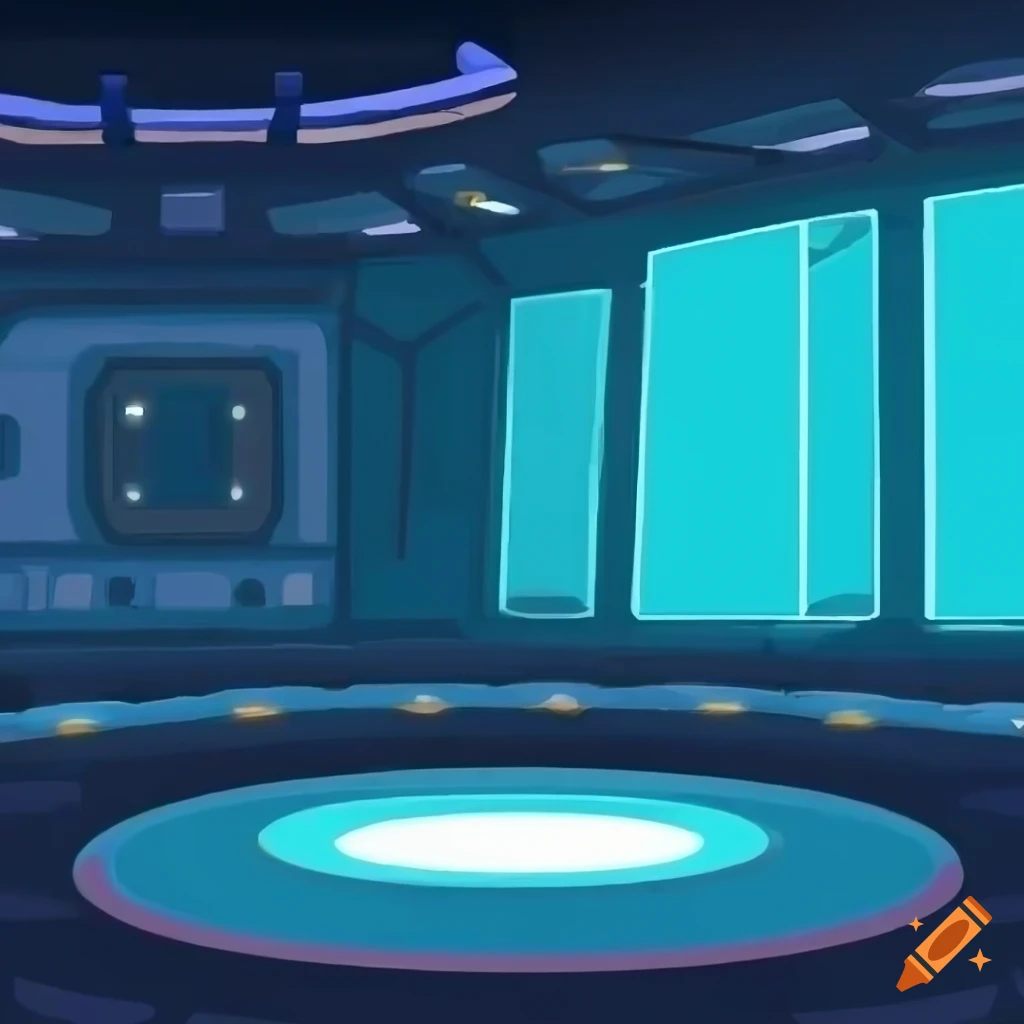 A large sci-fi interior room painterly pokemon battle background