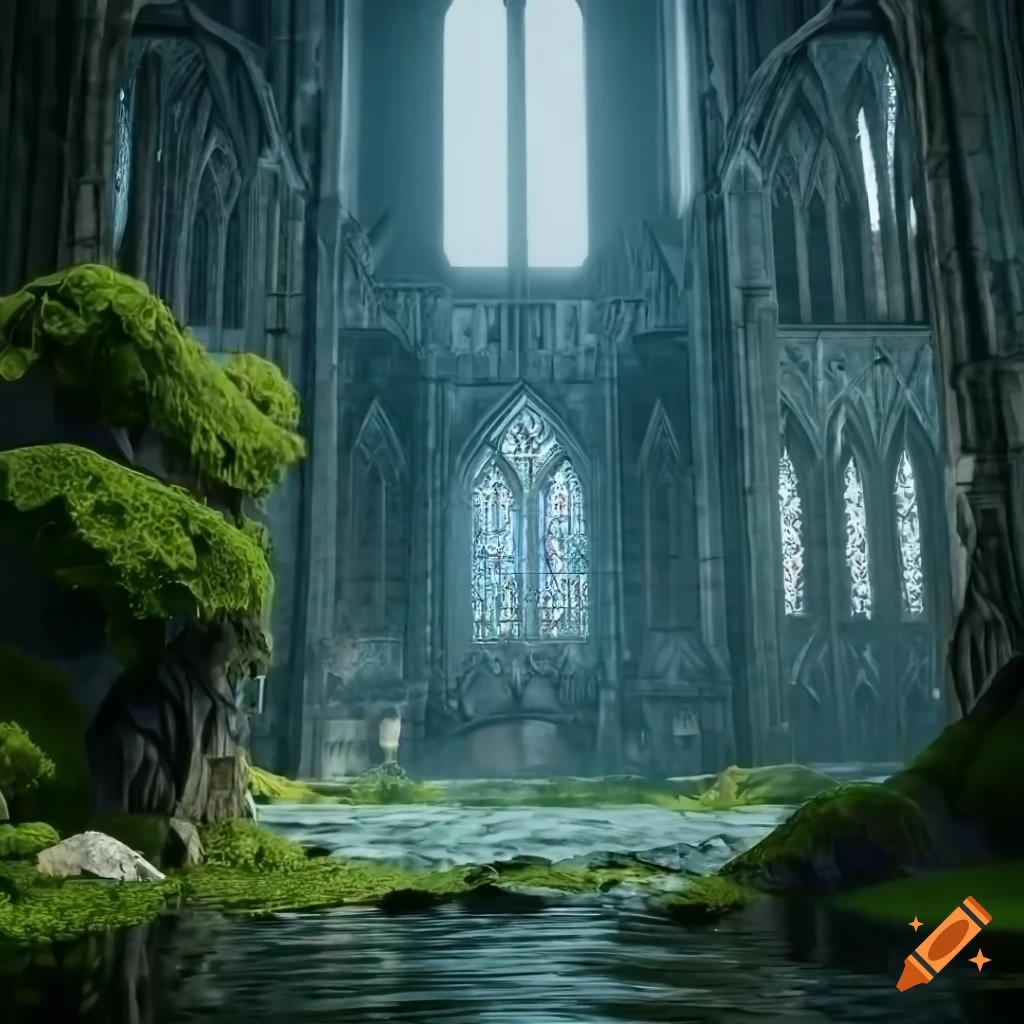 A mystic cathedral filled with crystals, pond, stone overgrown with ...