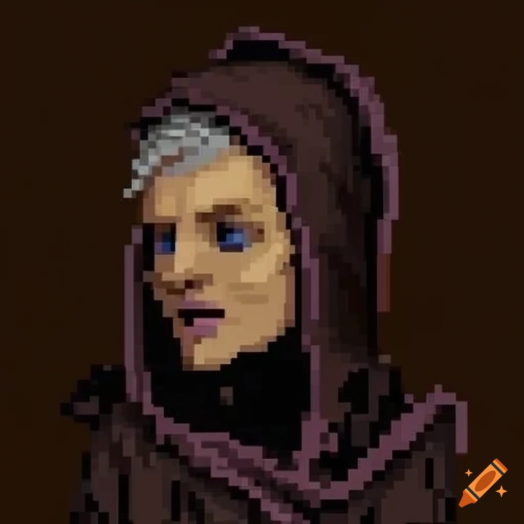 Pixel art, elderly, elf female, face covered with cloth and hood, frail ...
